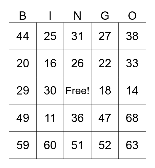 Numbers 0-69 Bingo Card