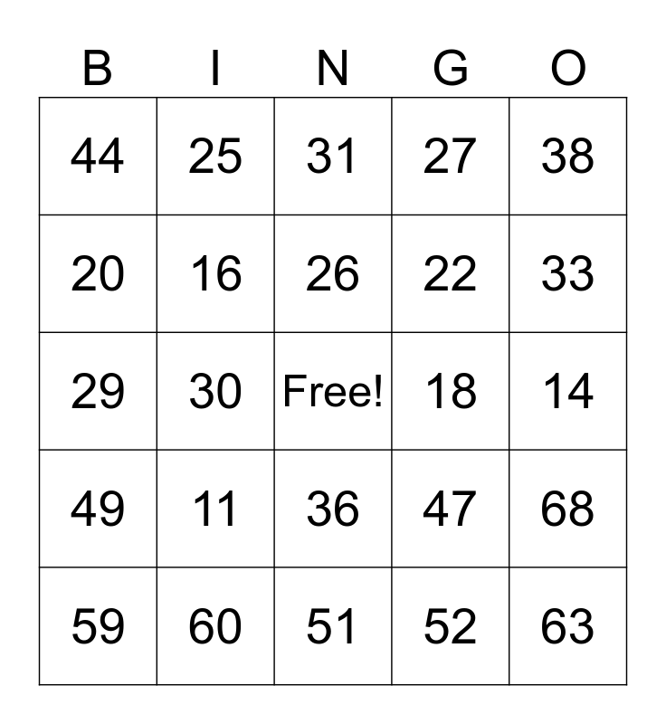 Numbers 0-69 Bingo Card