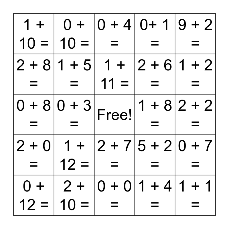 Addition Bingo 1 Bingo Card