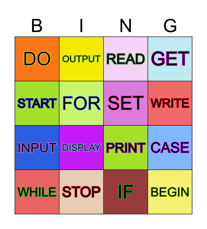 Pseudo Code Bingo Card
