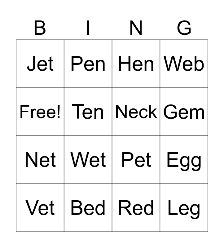 Short vowel "e" sound Bingo Card