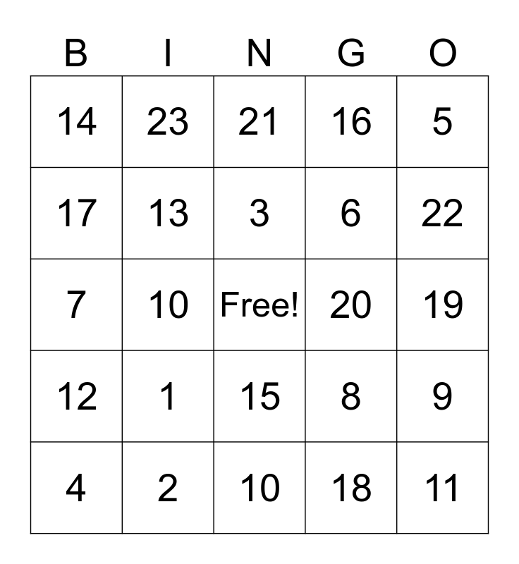 Numbers 1-23 Bingo Card
