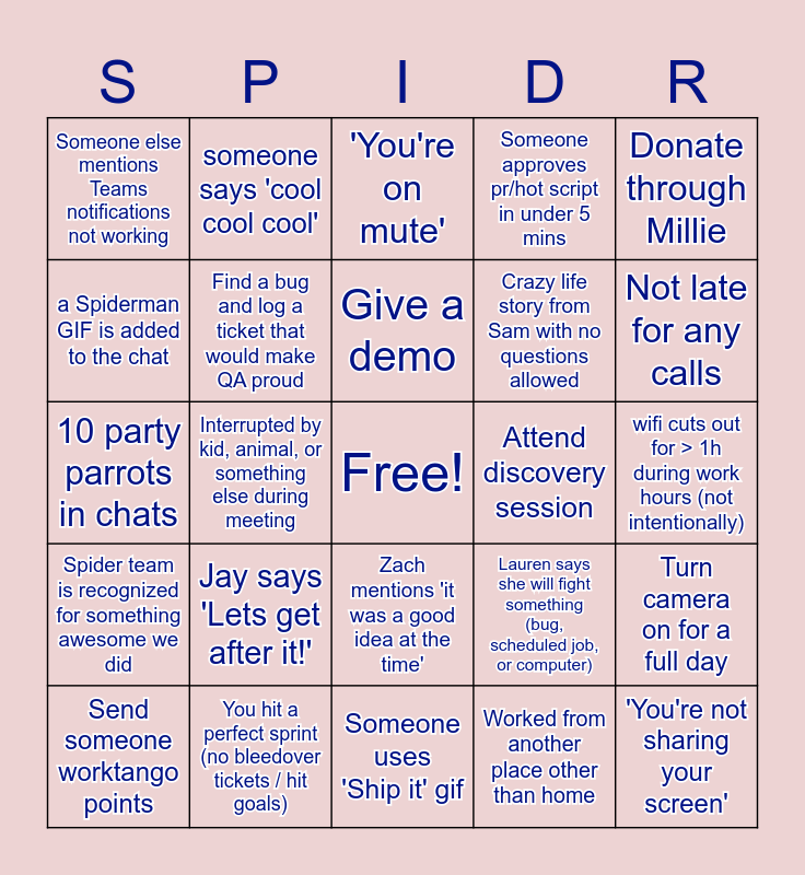 Spider Team Bingo! Bingo Card