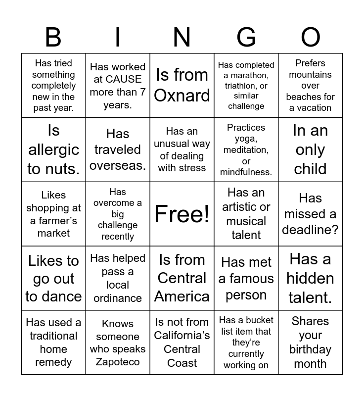 CAUSE Bingo Card