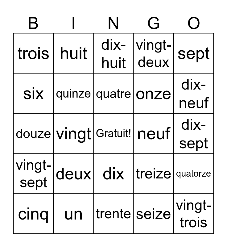 Nombres 0-30 Bingo Card
