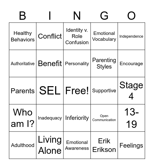 Social/Emotional Development in Adolescence Bingo Card
