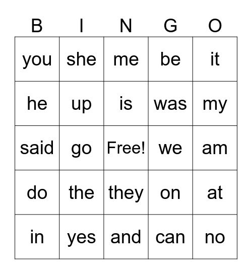 Sight Words! Bingo Card