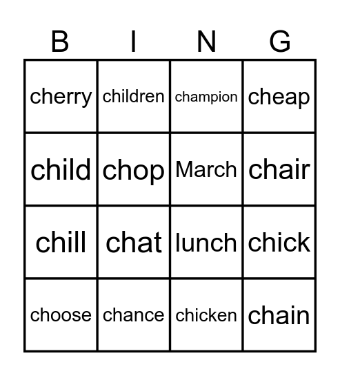 Ch Words Bingo Card