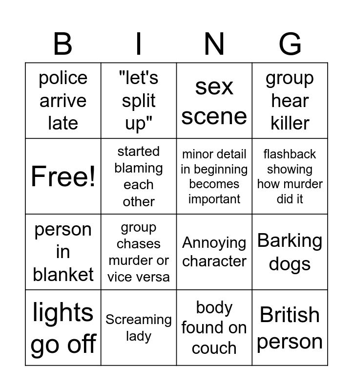 Mystery movie Bingo Card