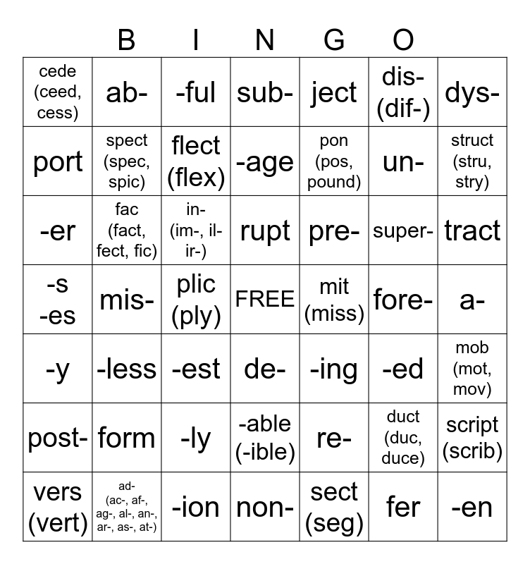 Morpheme Bingo Card