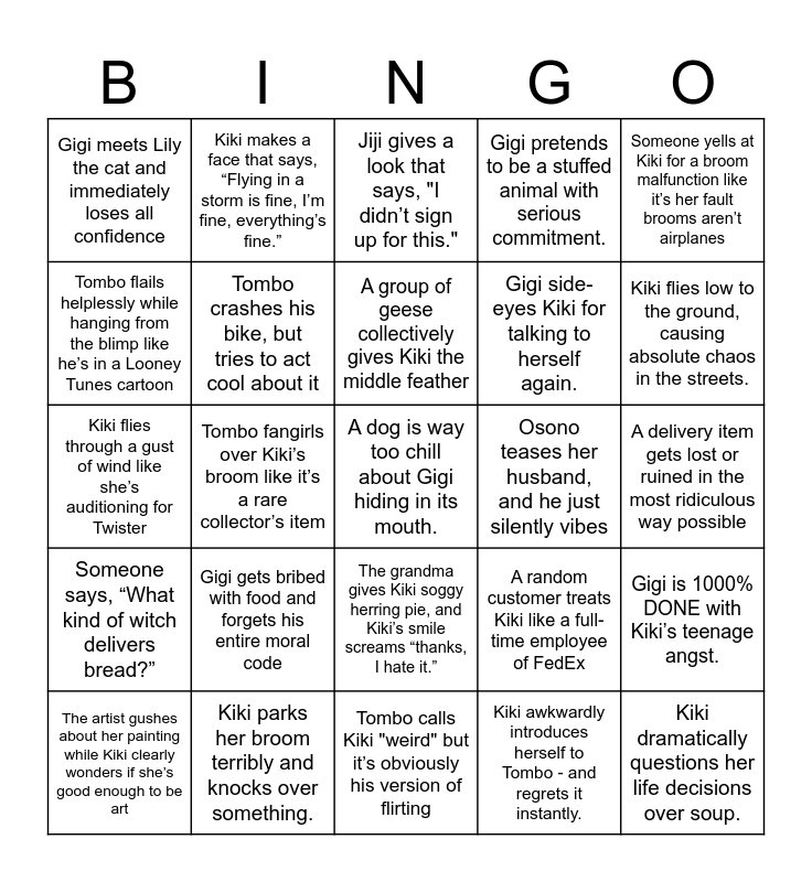 Kiki's Delivery Service Bingo Card