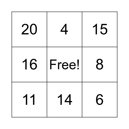 Numbers 1-20 Bingo Card