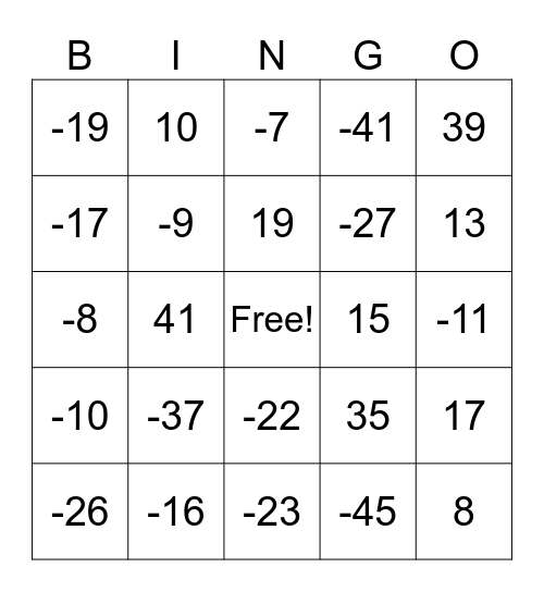 Subtraction BINGO Card