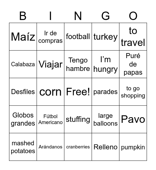 Spanish thanksgiving vocabulary. Bingo Card