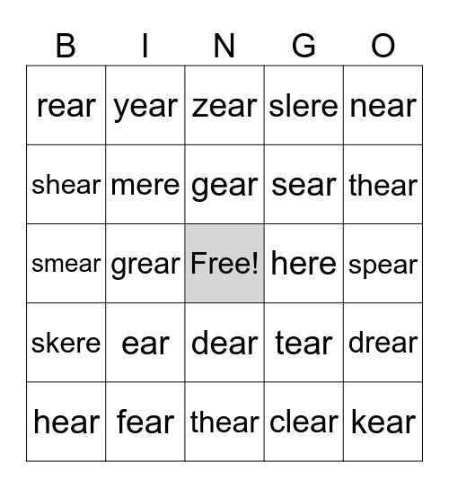 98% Phonograms ear & ere Bingo Card