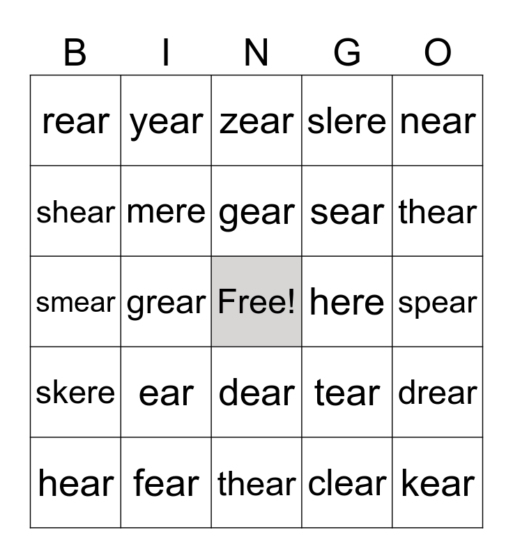 98% Phonograms ear & ere Bingo Card