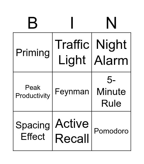 Study Techniques Bingo Card