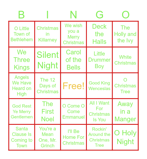 Christmas Carol Bingo Card