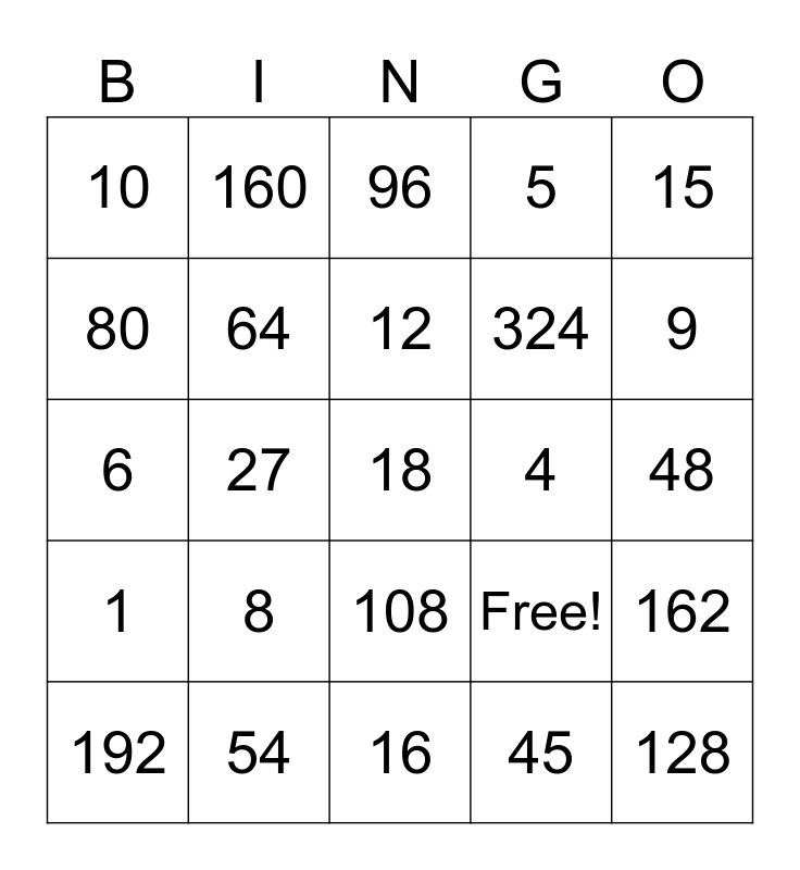 GEOMETRIC SEQUENCE Bingo Card