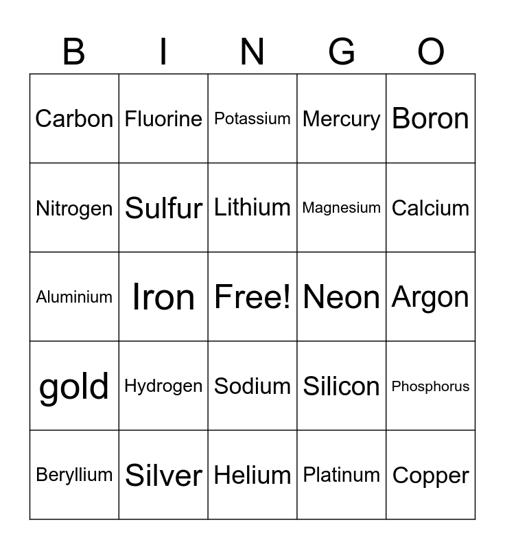Element Bingo Card