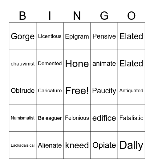 Vocab Bingo Card