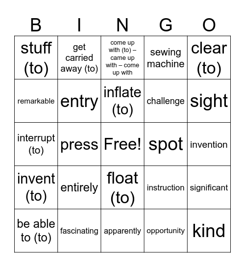 Bingo Unit 4 Bingo Card