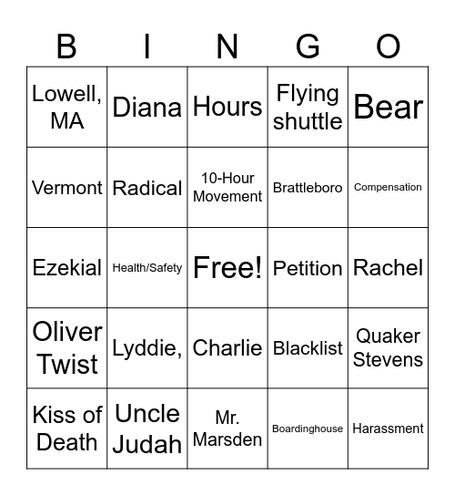 Lyddie Assessment Review Bingo Card
