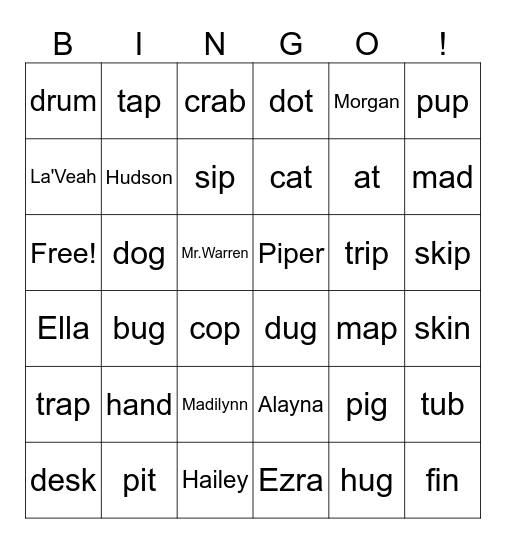 First Grade Bingo Card