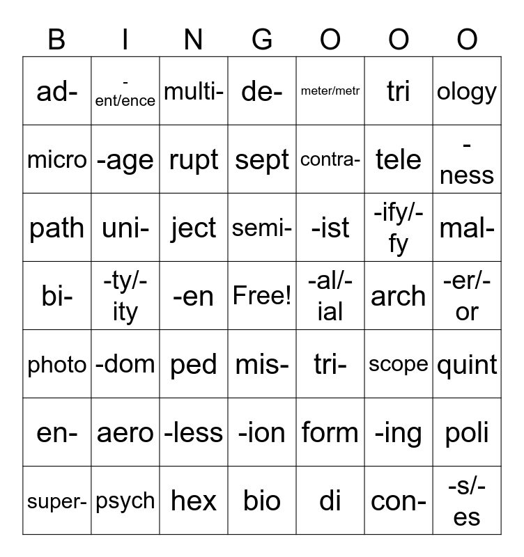 Morphology Review Bingo Card