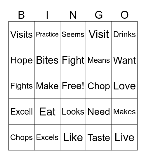 English II Subject Verb Agreement Bingo Card