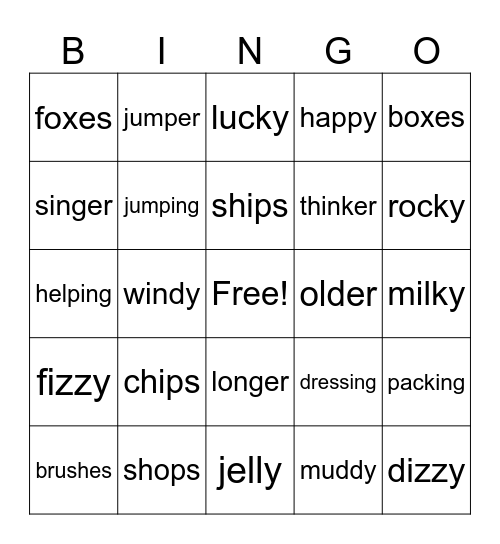 Suffix Bingo Card