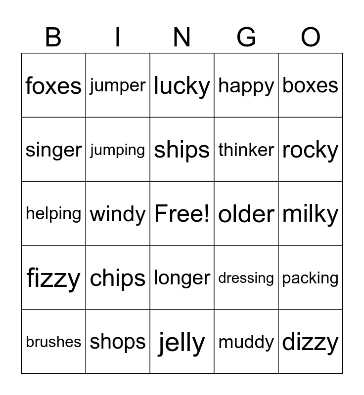 Suffix Bingo Card