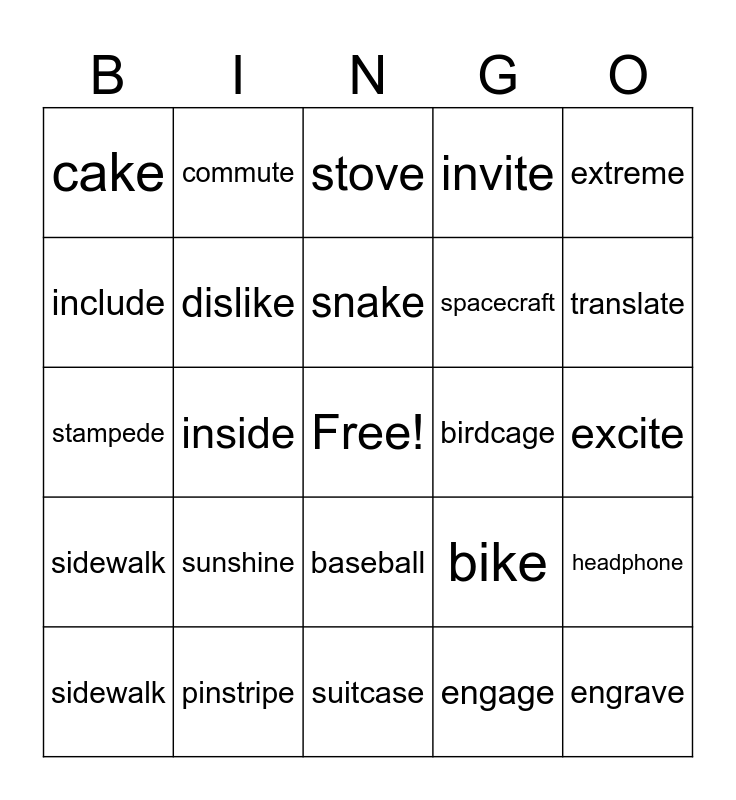 Silent E Bingo Card