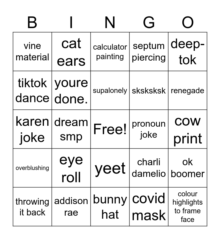 2020 cringe tiktok Bingo Card