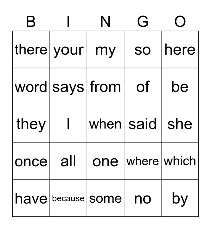 Tricky Word Bingo Card