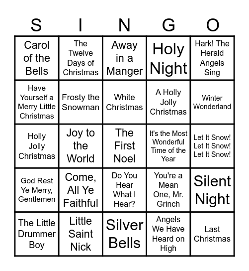 Christmas Songs Bingo Card