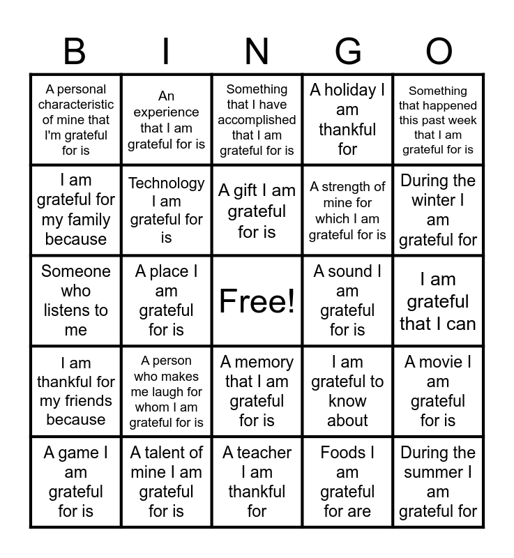 Gratitude BINGO Card Gratitude BINGO Card