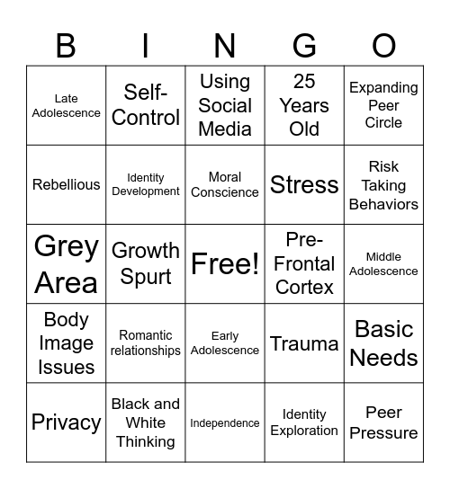 Adolescent Development Bingo Card