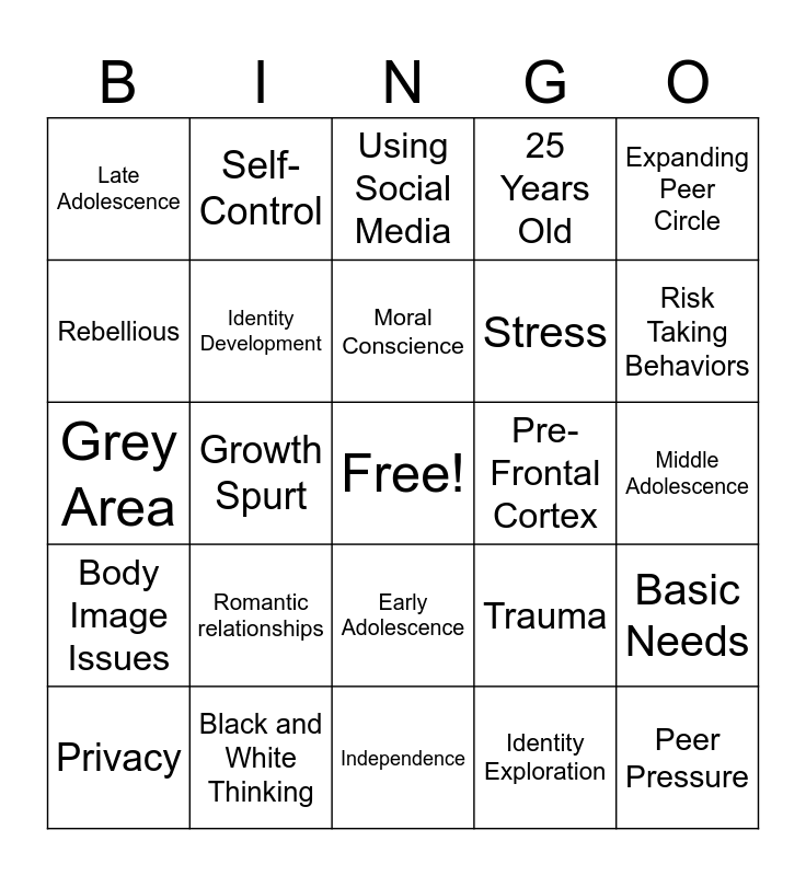 Adolescent Development Bingo Card