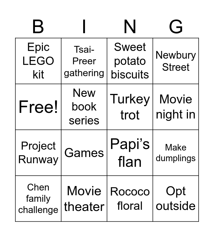 November Family Fun Bingo Card