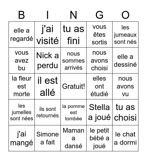 Passé composé Bingo Card