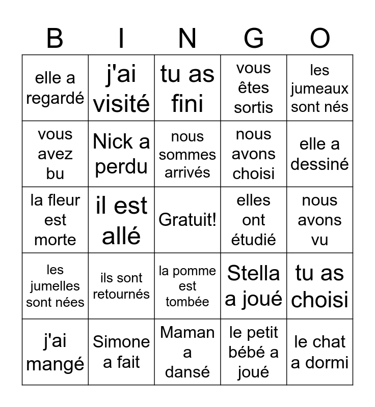 Passé composé Bingo Card