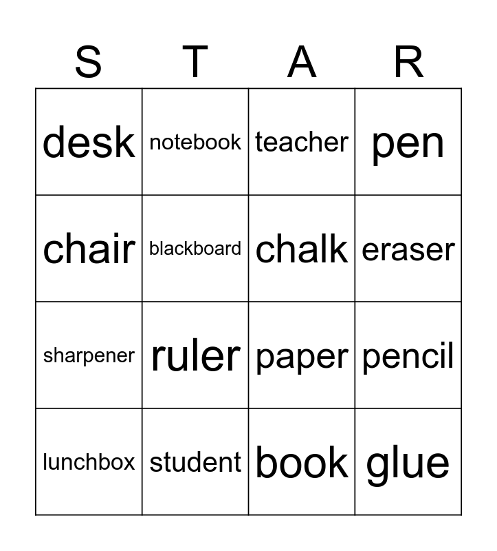 Classroom objects Bingo Card