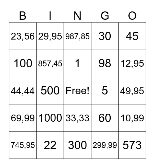 PREISE In EURO Bingo Card PREISE In EURO Bingo Card