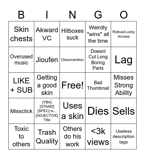Memo YBA Brainrot Bingo Card