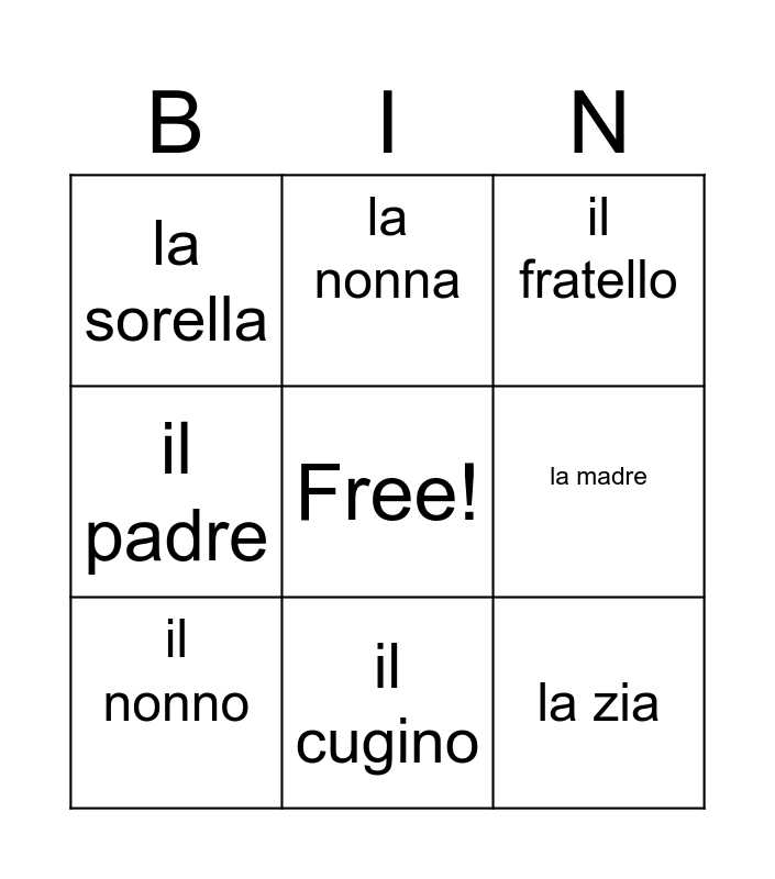 Italian family members Bingo Card