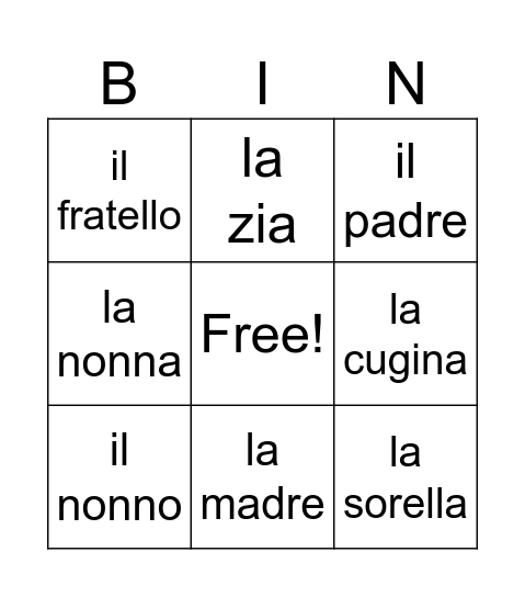 Italian family members Bingo Card