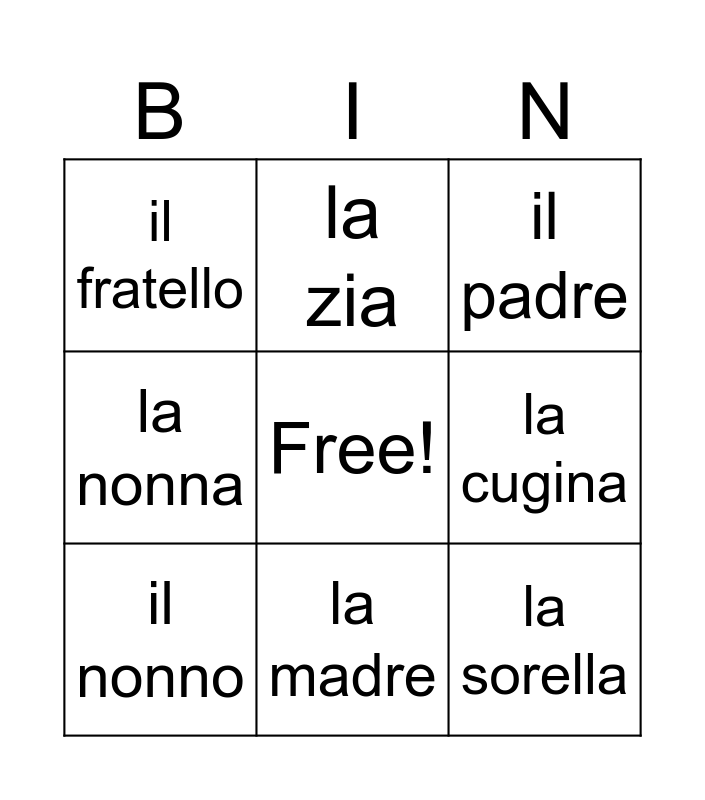 Italian family members Bingo Card