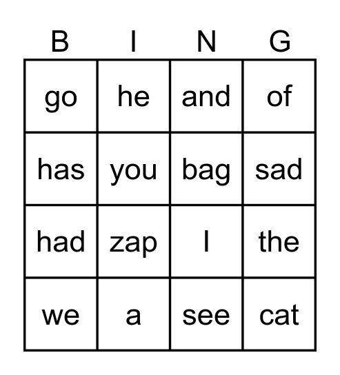 Sight Word Bingo Card