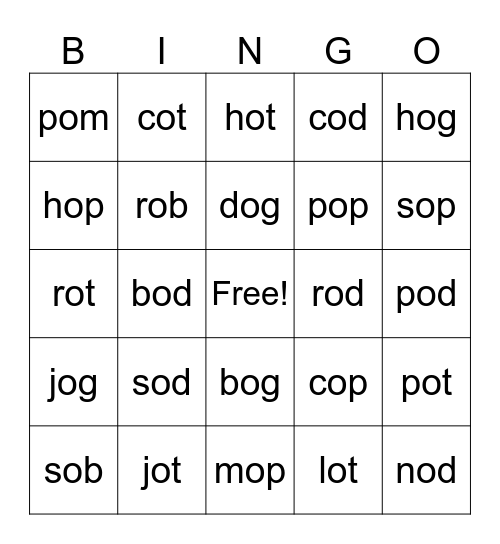 Short O CVC Word Bingo Card